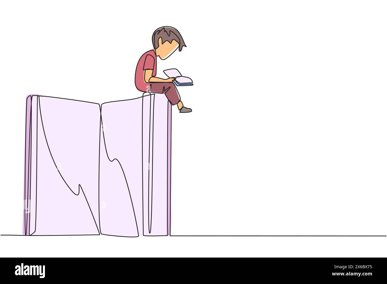 Continuous one line drawing smart happy boy sitting on a big open book ...