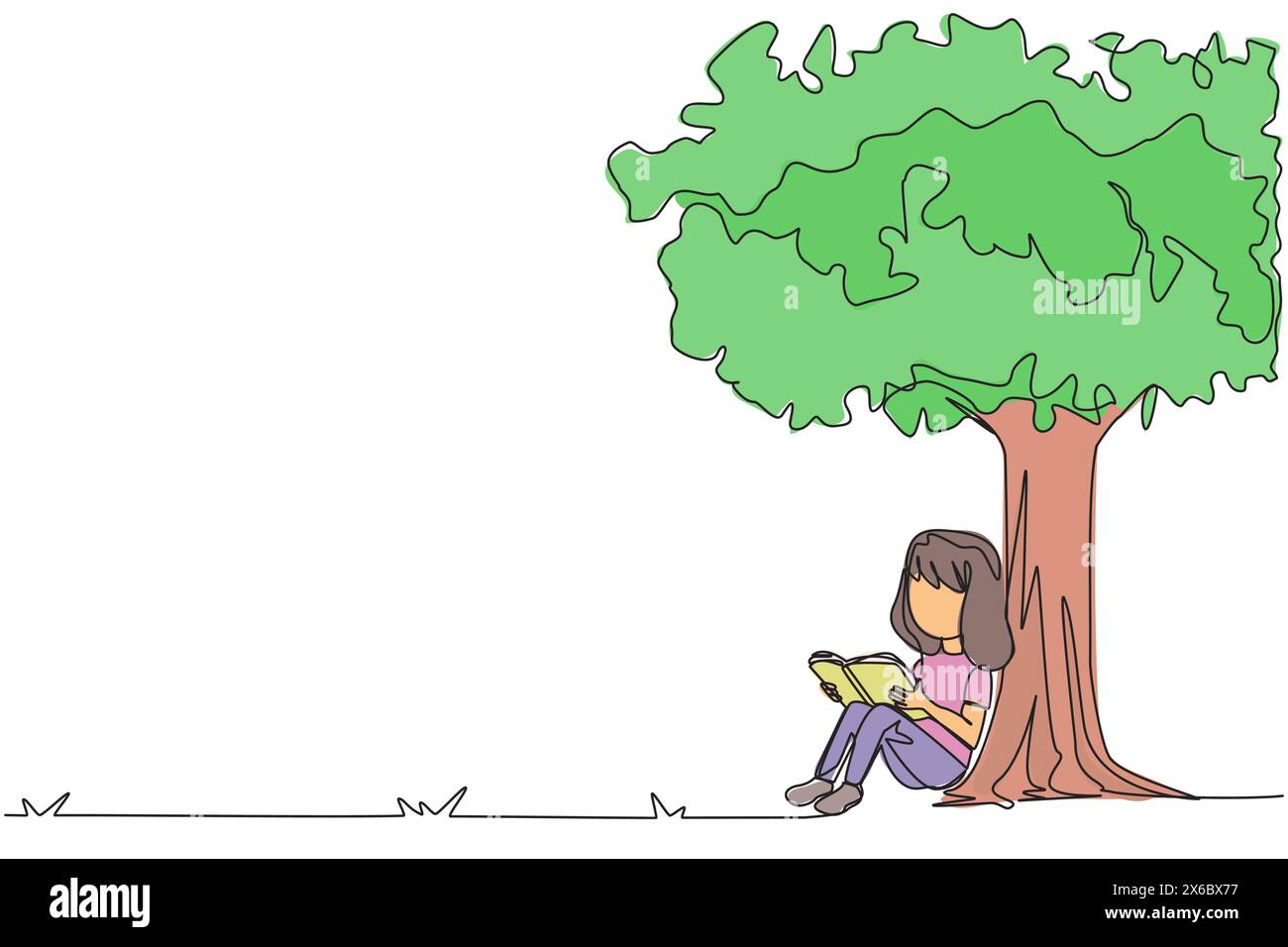 Single one line drawing girl sitting reading a book under shady tree ...