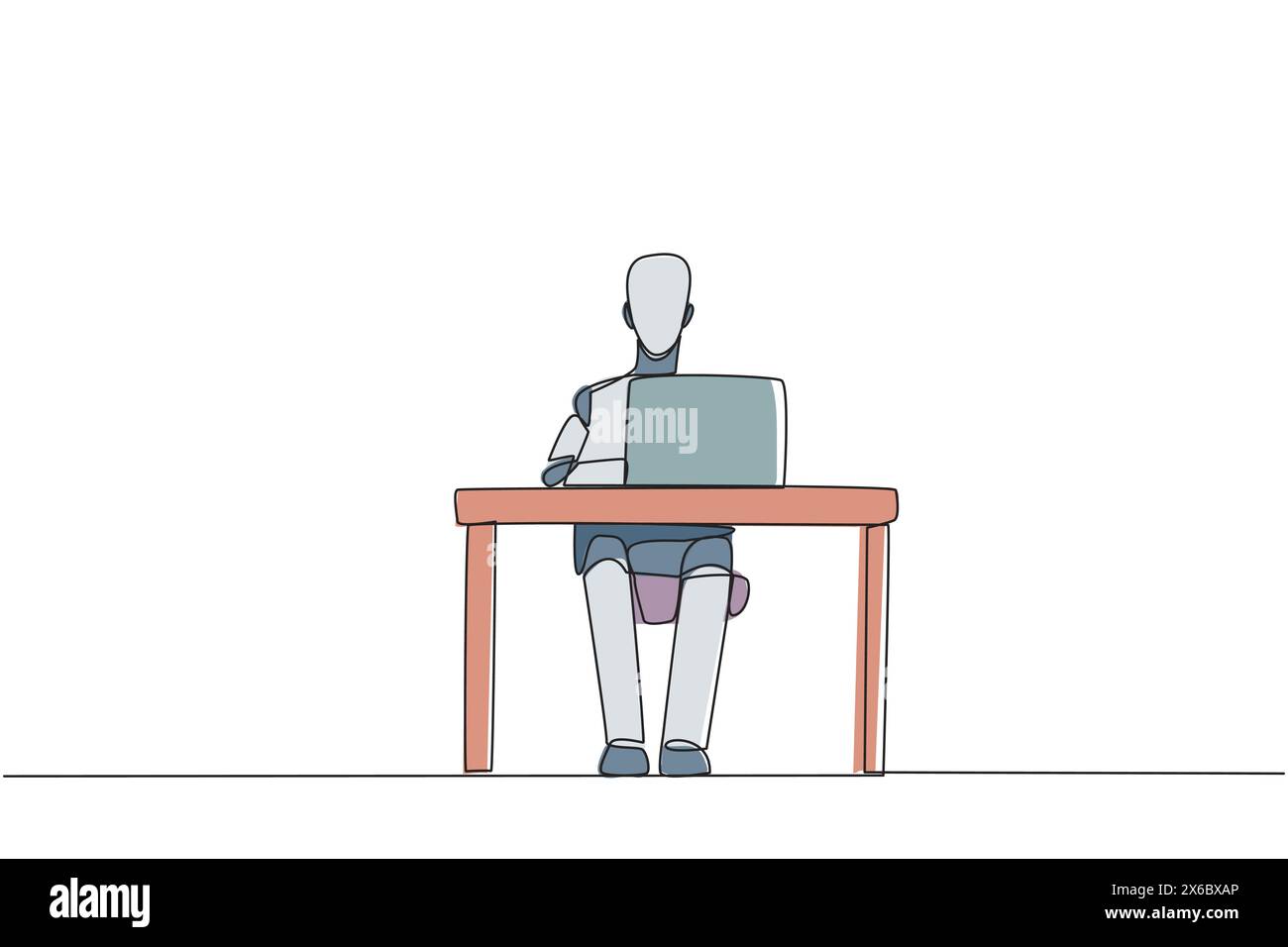 Continuous one line drawing robot sitting typing on laptop computer ...