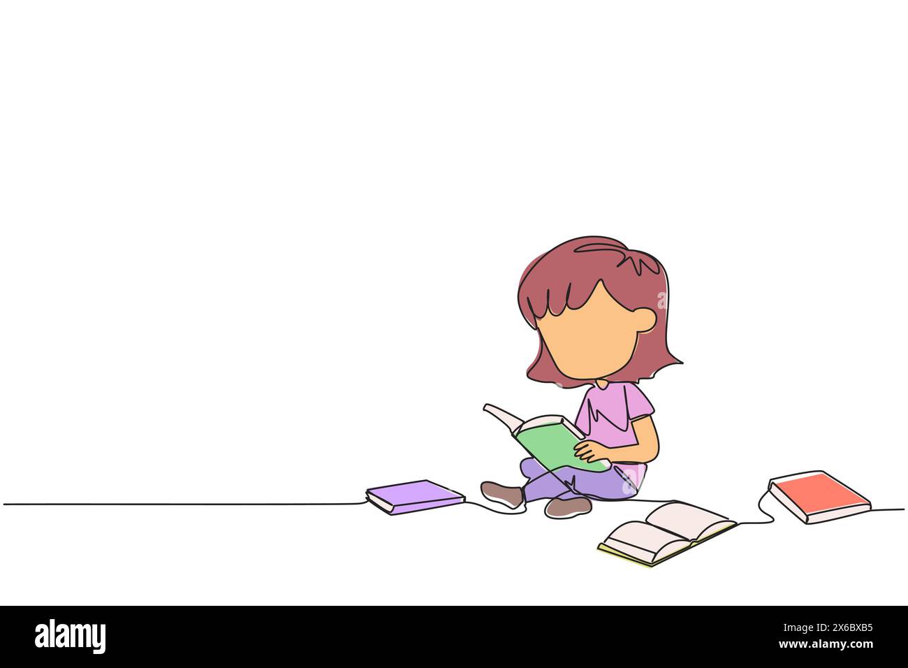 Single one line drawing girl sitting relaxed in a library reading a lot ...