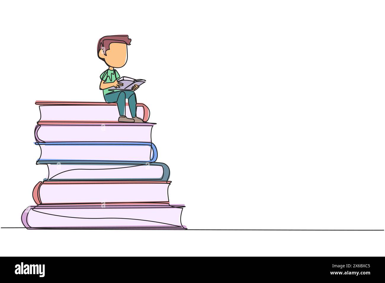 Single continuous line drawing happy boy sitting on a pile of books ...