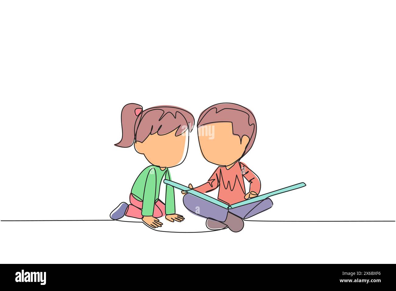 Continuous one line drawing kids sit down and put reading book on feet ...