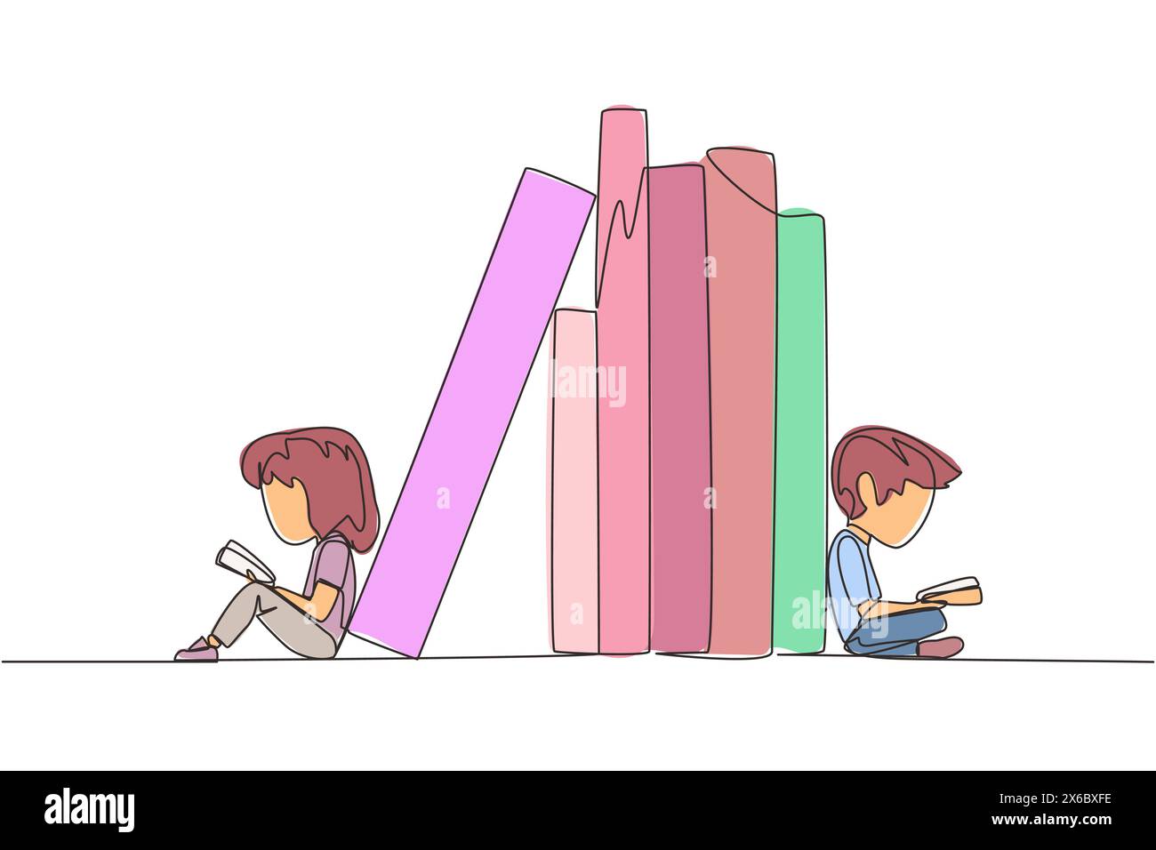 Single continuous line drawing kids reading sitting leaning against a ...