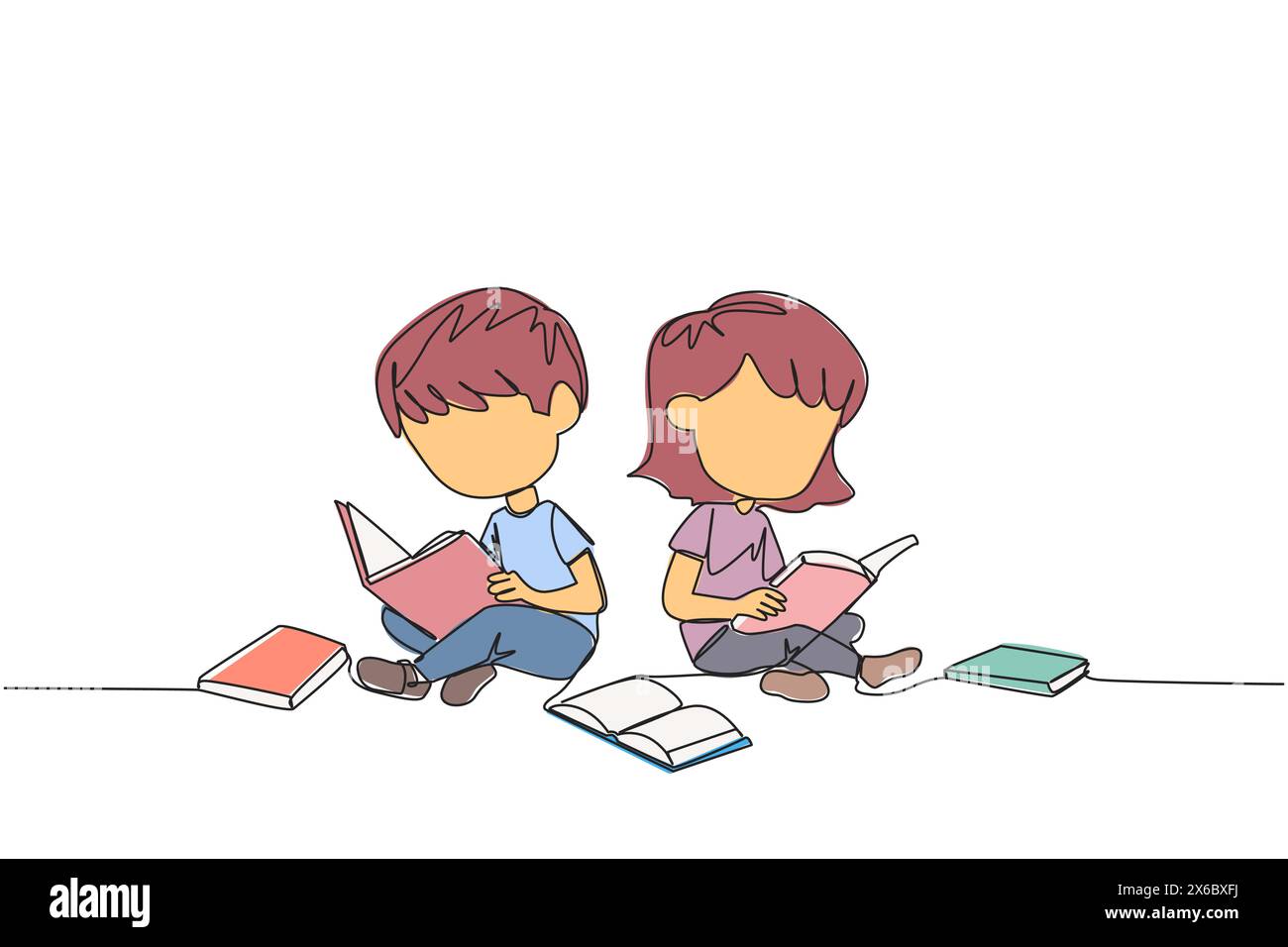 Single continuous line drawing kids sitting relaxed in a library ...