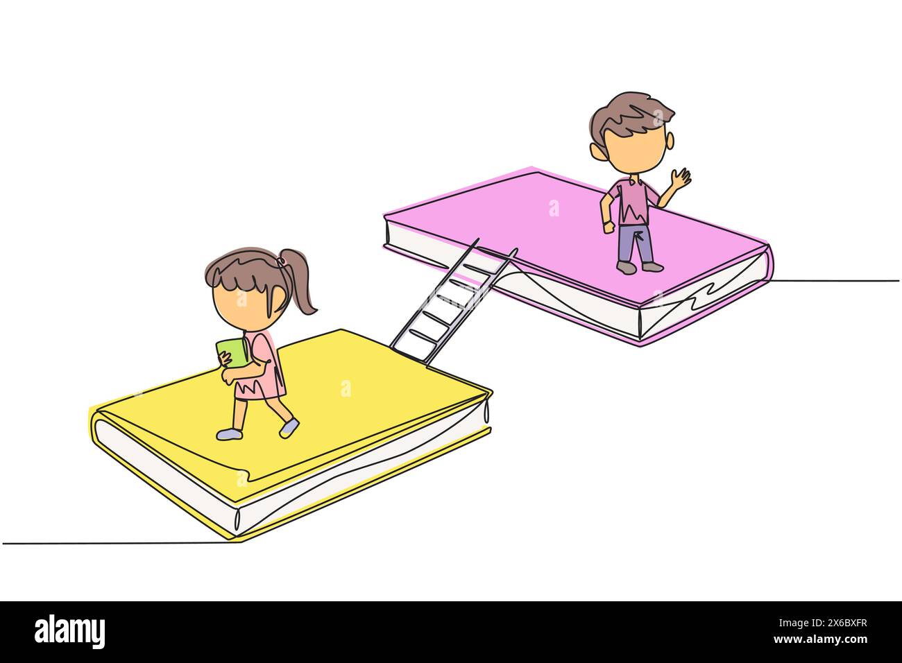 Single one line drawing kids walking on books. A book exhibition ...