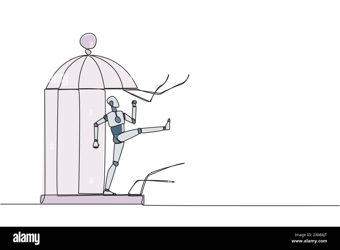 Single one line drawing robot trapped in the cage kick the caged until ...