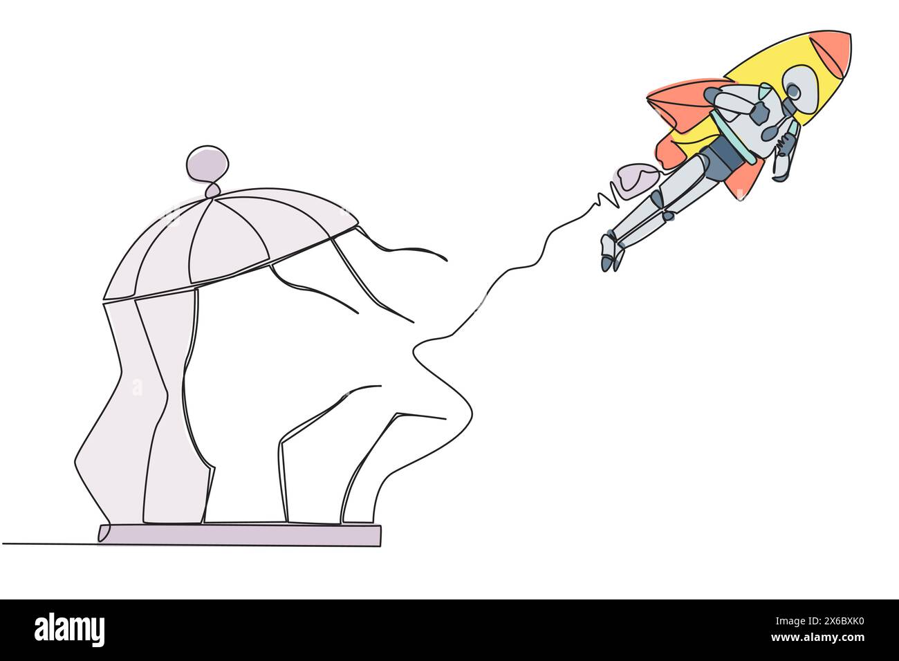 Single one line drawing robot flying with rocket and breaks the cage ...