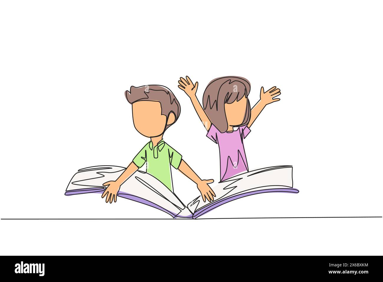 Single continuous line drawing the happy kids pops out from the middle ...