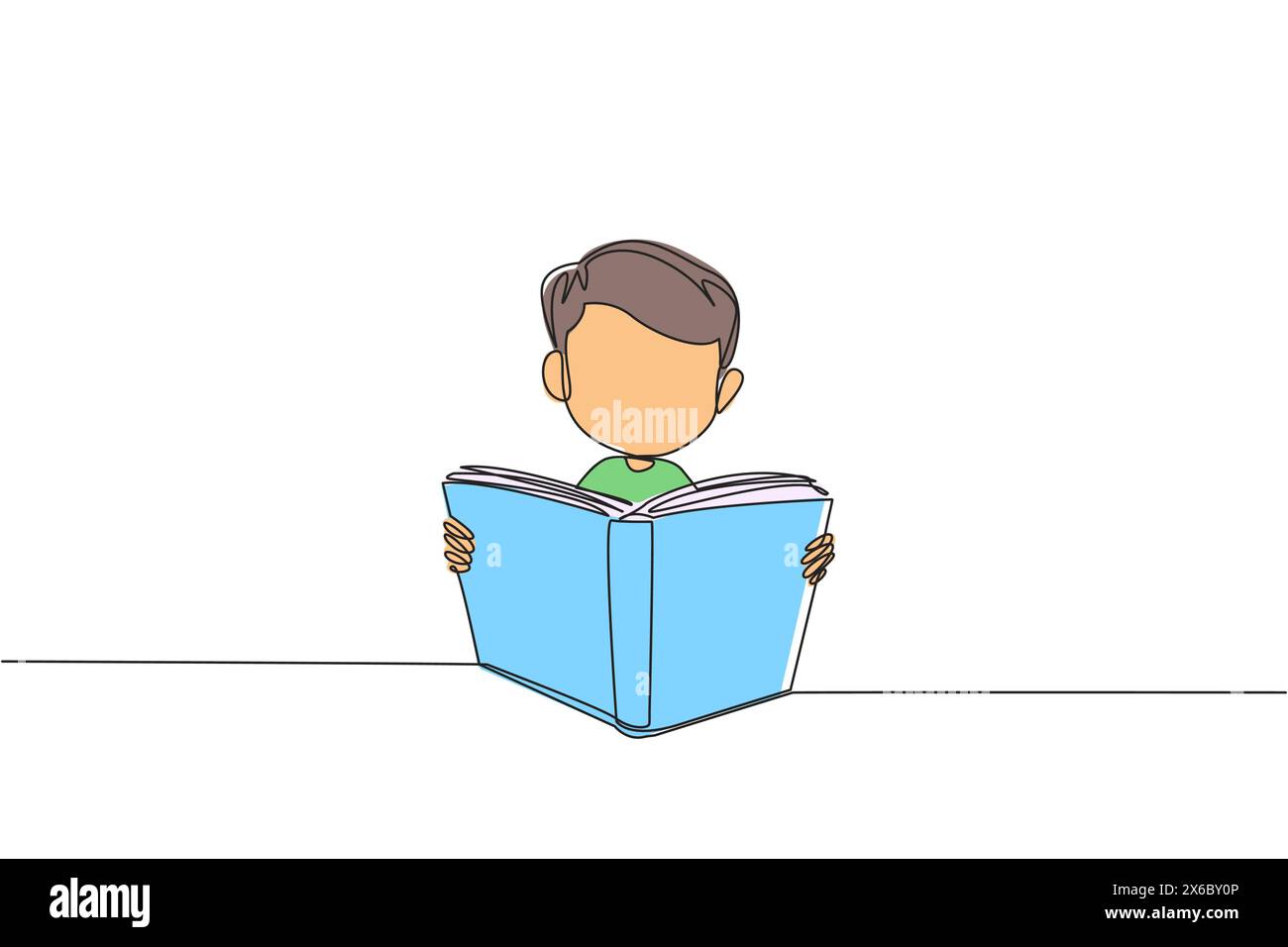 Single continuous line drawing boy sitting reading a book on a stand ...