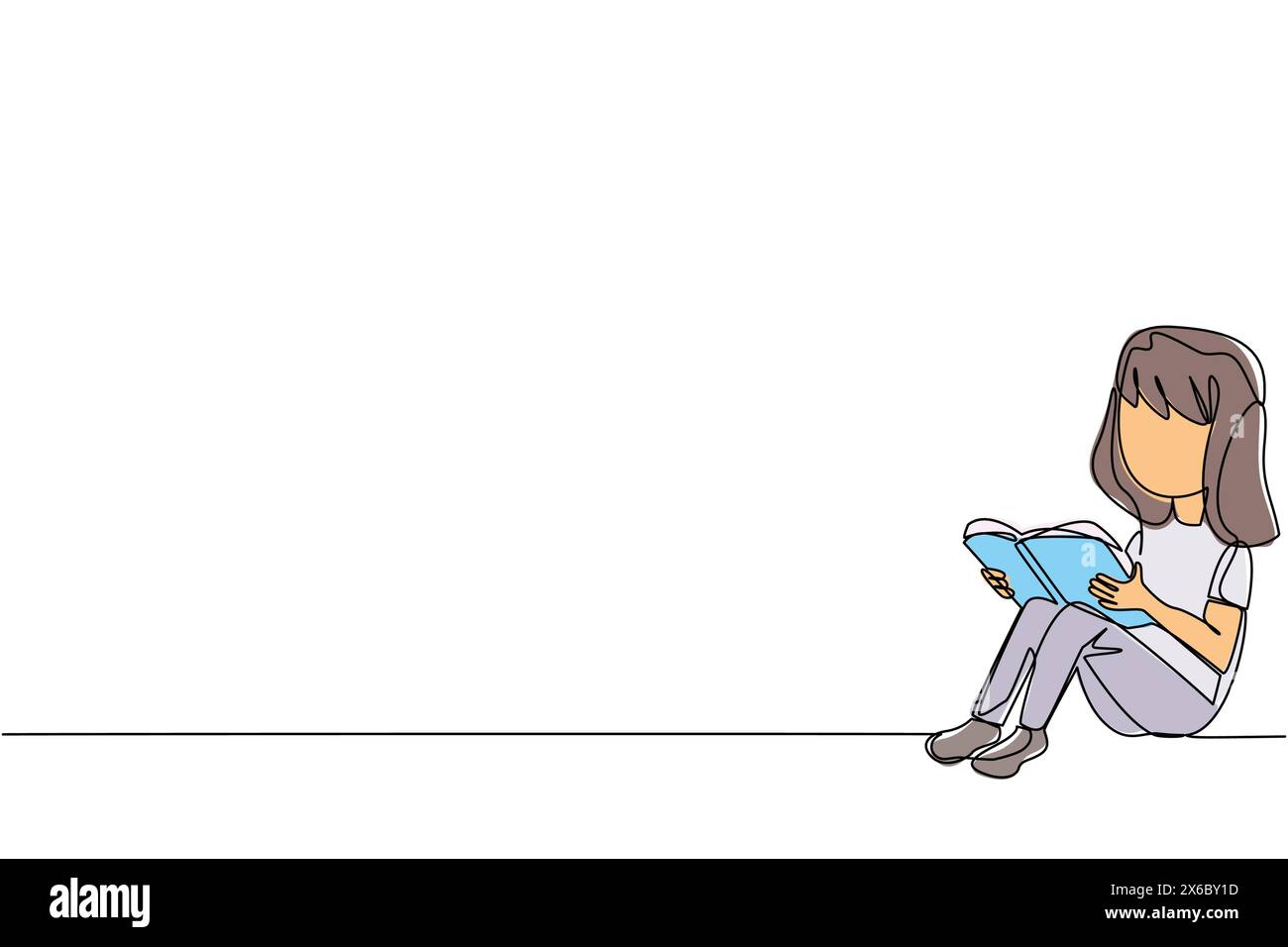 Continuous one line drawing smart girl sitting while reading book. Read ...