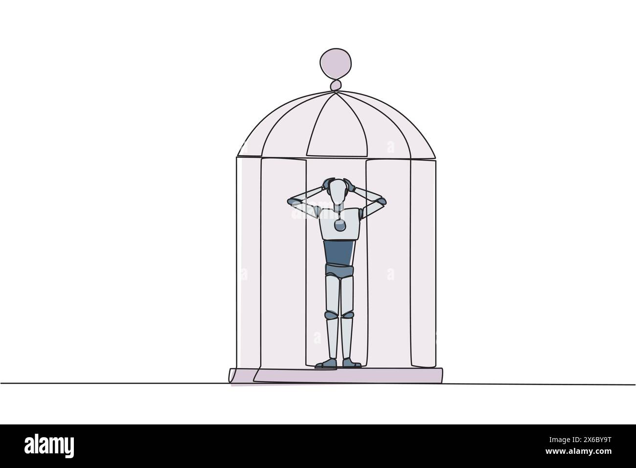 Single continuous line drawing tired robot trapped in the cage standing ... Single continuous line drawing tired robot trapped in the cage standing ...