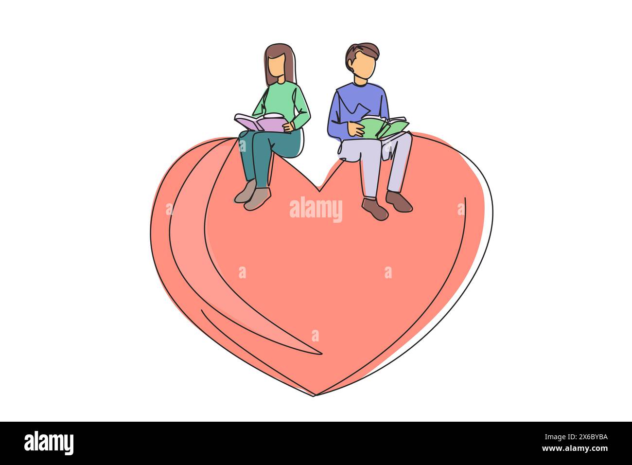 Single one line drawing man woman sitting on big heart. Reading the ...