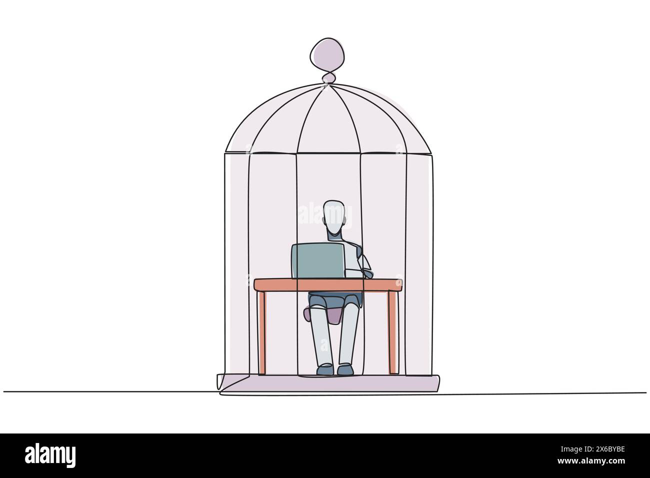 Continuous one line drawing robot trapped in the cage sitting and ...