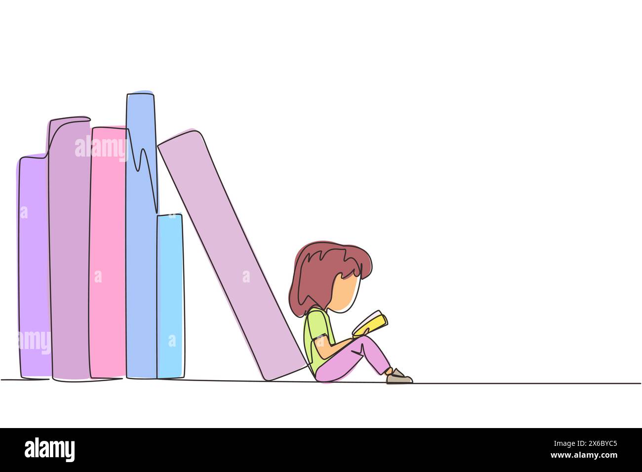 Continuous one line drawing girl reading sitting leaning against a pile ...
