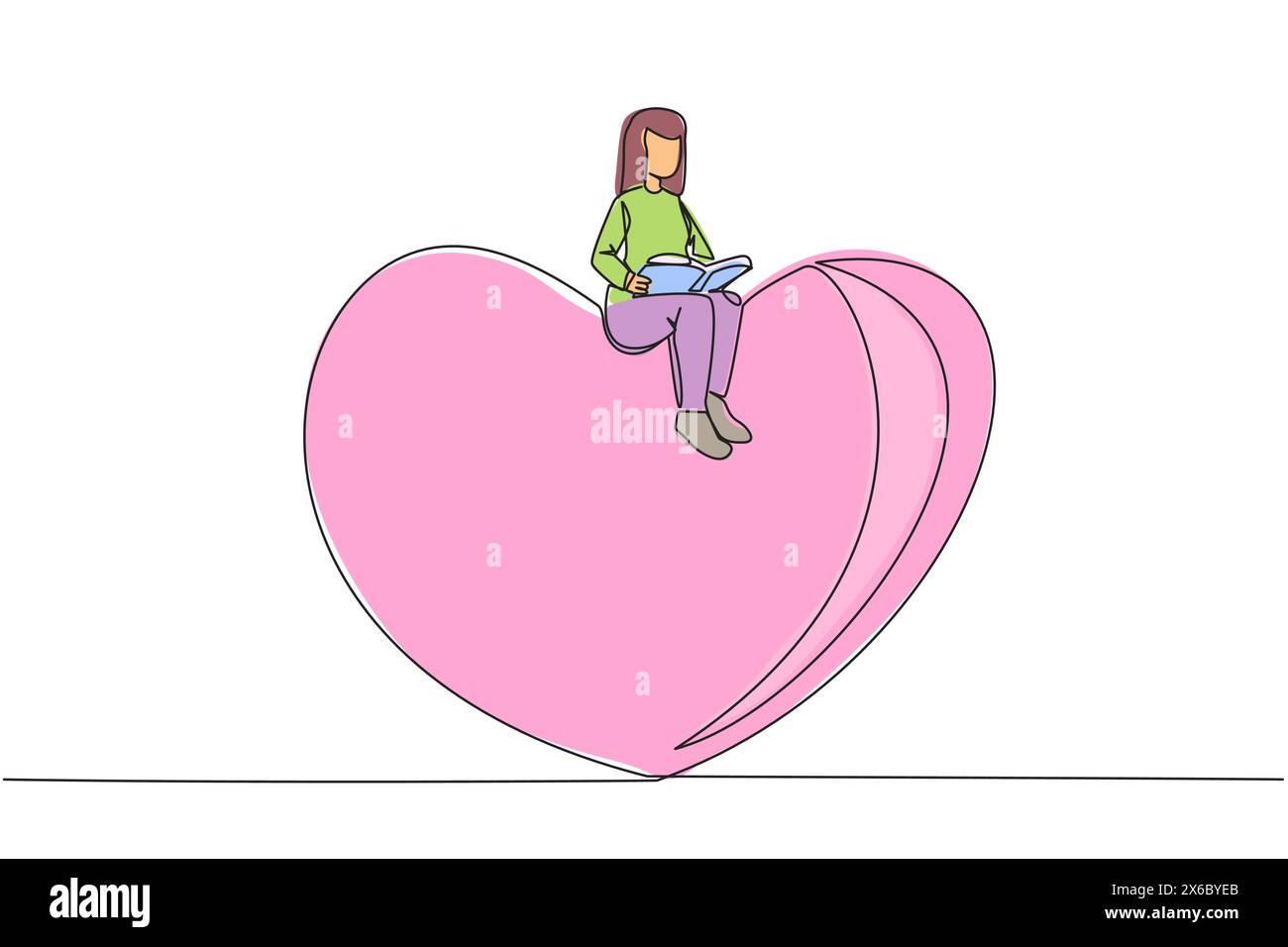 Single continuous line drawing woman sitting on big heart. Read ...