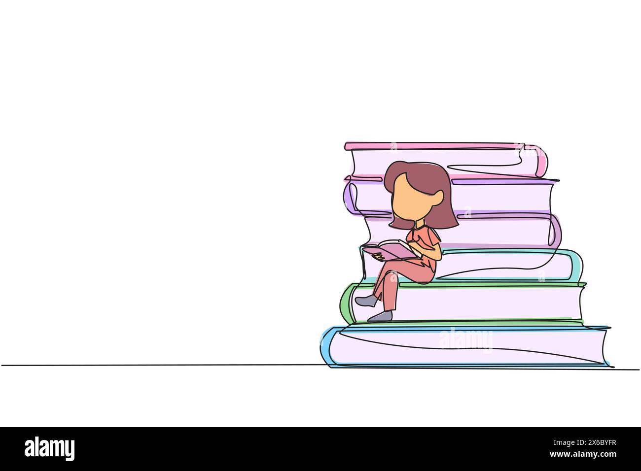 Single one line drawing happy girl sitting on a pile of books reading a ...