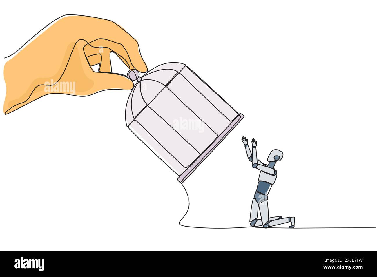 Single one line drawing big hand hold the cage catch kneeling robot ...