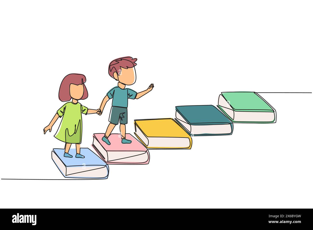 Continuous one line drawing the kids climb stairs from books. Reading ...