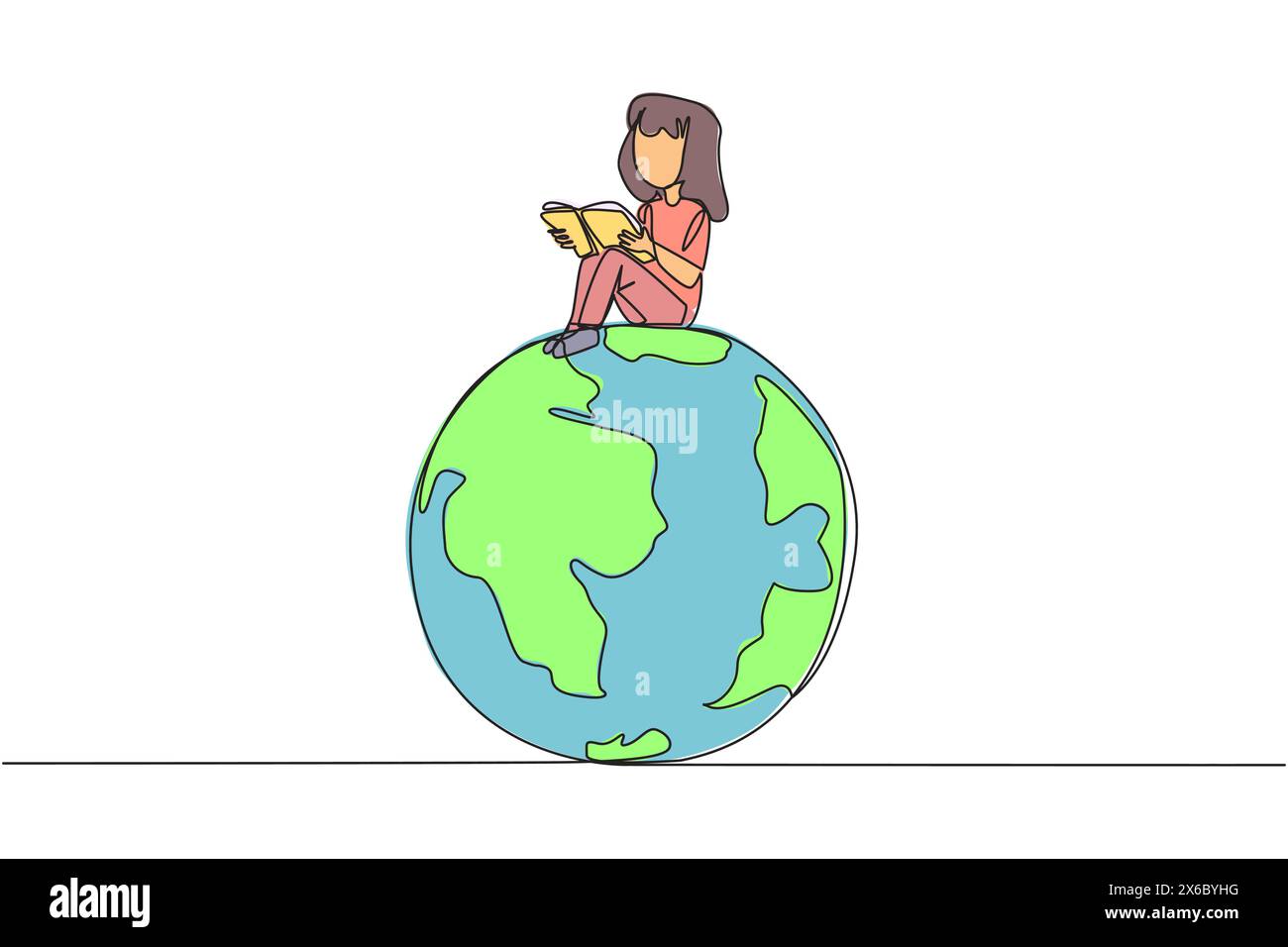 Single one line drawing happy girl sitting on big globe reading a book ...