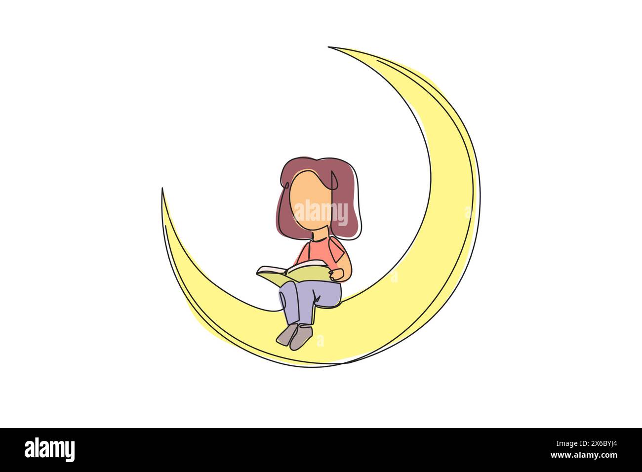 Continuous one line drawing girl sitting on crescent moon reading book ...