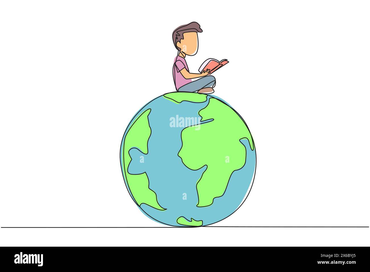 Single one line drawing happy boy sitting on big globe reading a book ...