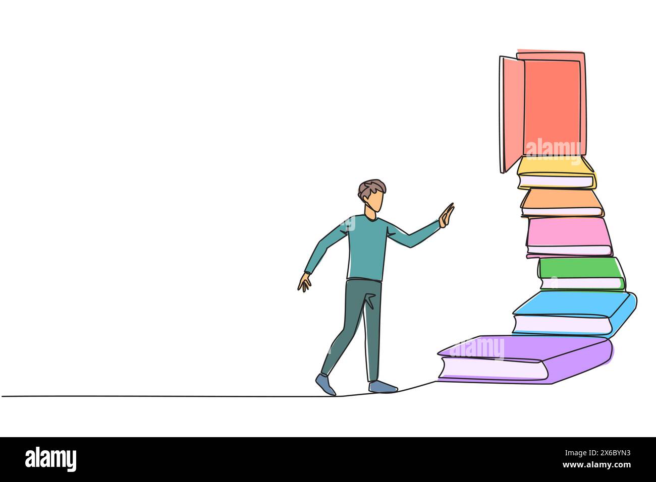 Single one line drawing man climb the stairs from the book stack ...