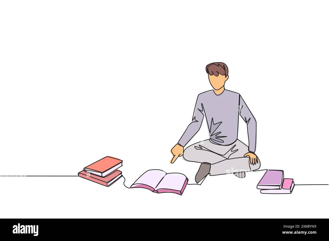 Single continuous line drawing man reading the books happily. Good ...