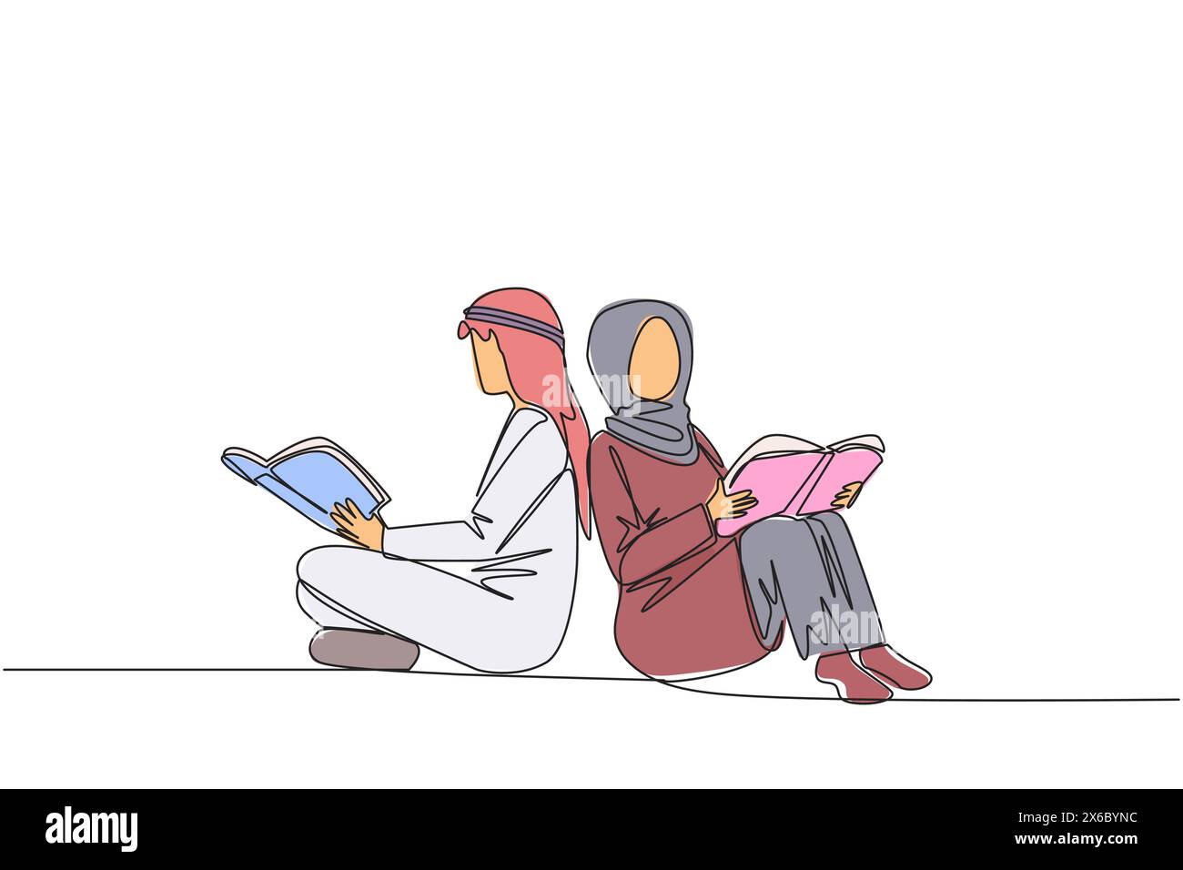 Single continuous line drawing Arab man woman sitting while reading the ...