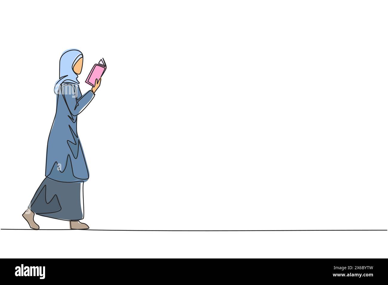 Continuous one line drawing Arab woman walking reading book. Gesture of ...