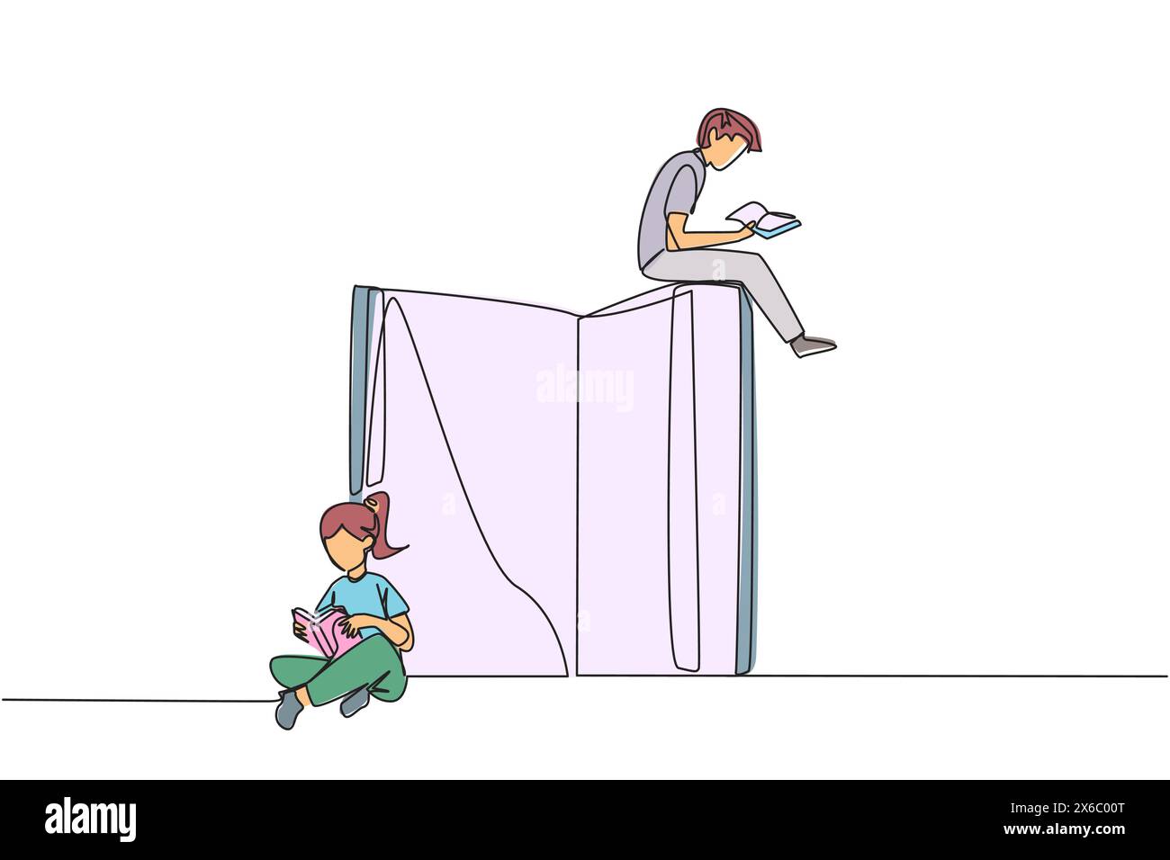 Single one line drawing man woman sitting reading the books while the ...