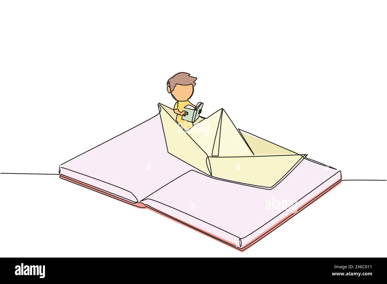 Single one line drawing boy reading a book on a paper boat. Maintain ...