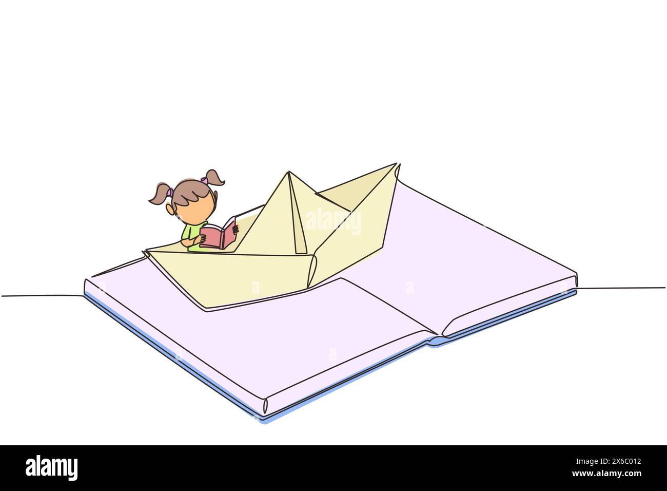 Single continuous line drawing girl reading a book on a paper boat ...