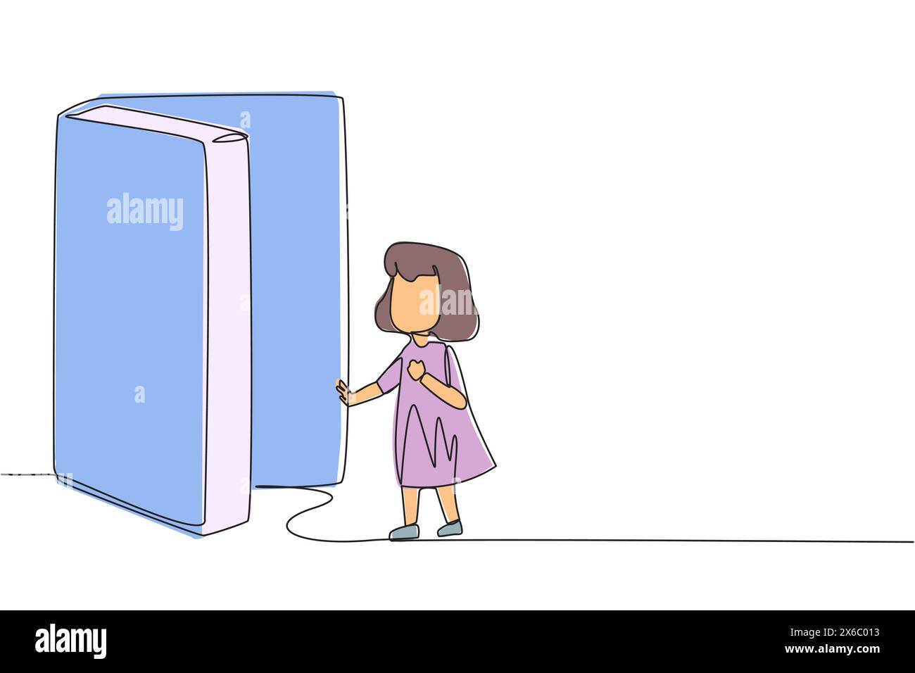 Single continuous line drawing girl opened the book-shaped door. Books ...