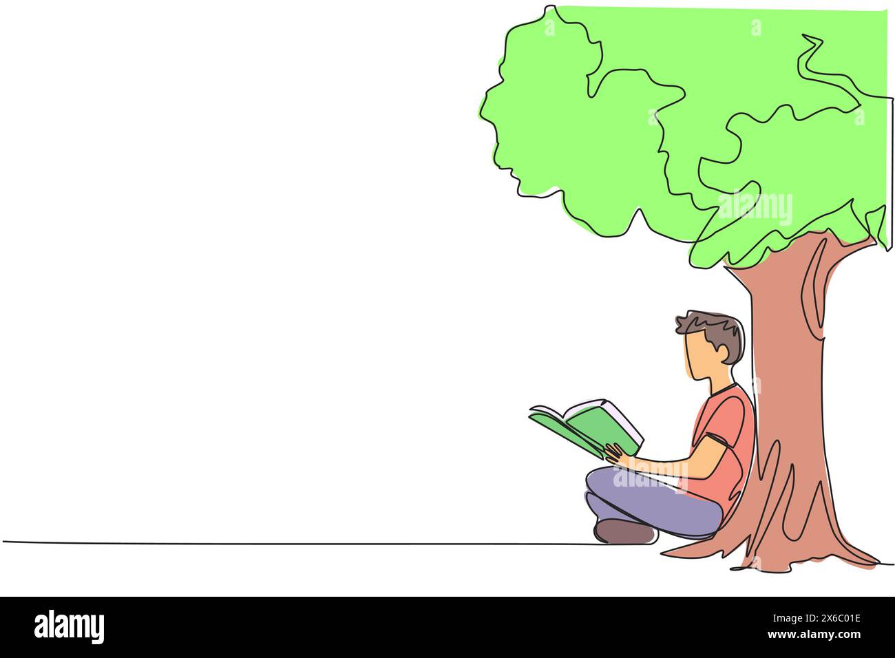 Continuous one line drawing man sitting reading book under shady tree ...