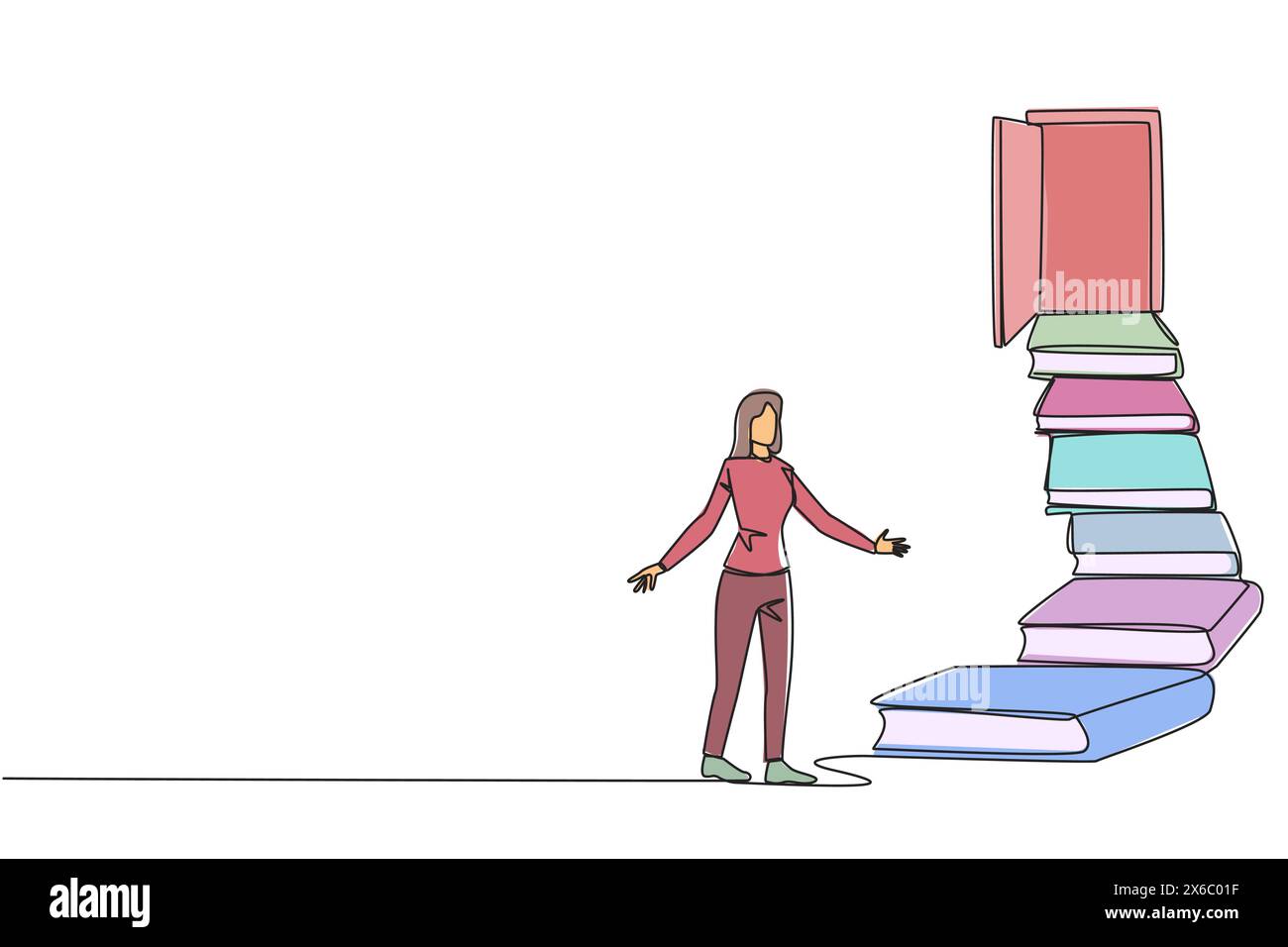 Single one line drawing woman climb the stairs from the book stack ...