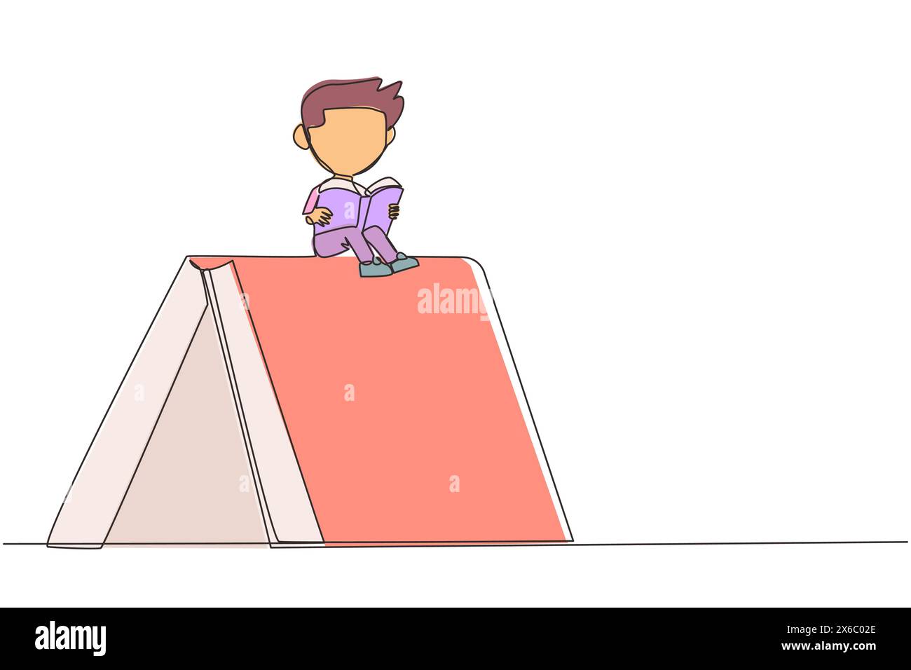 Single continuous line drawing boy sitting on a large tent-shaped book ...