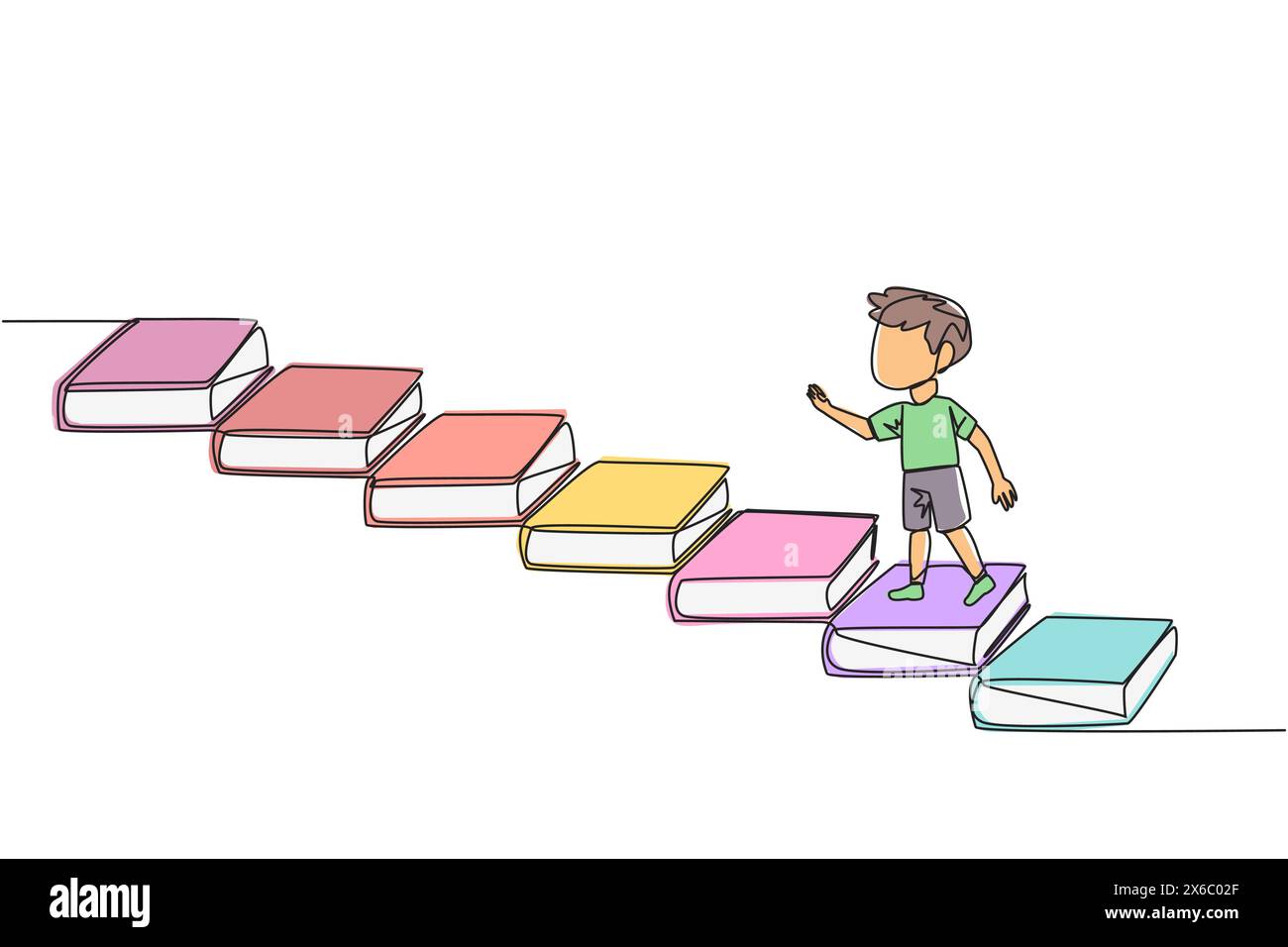 Continuous one line drawing boy climb stairs from books. Reading ...