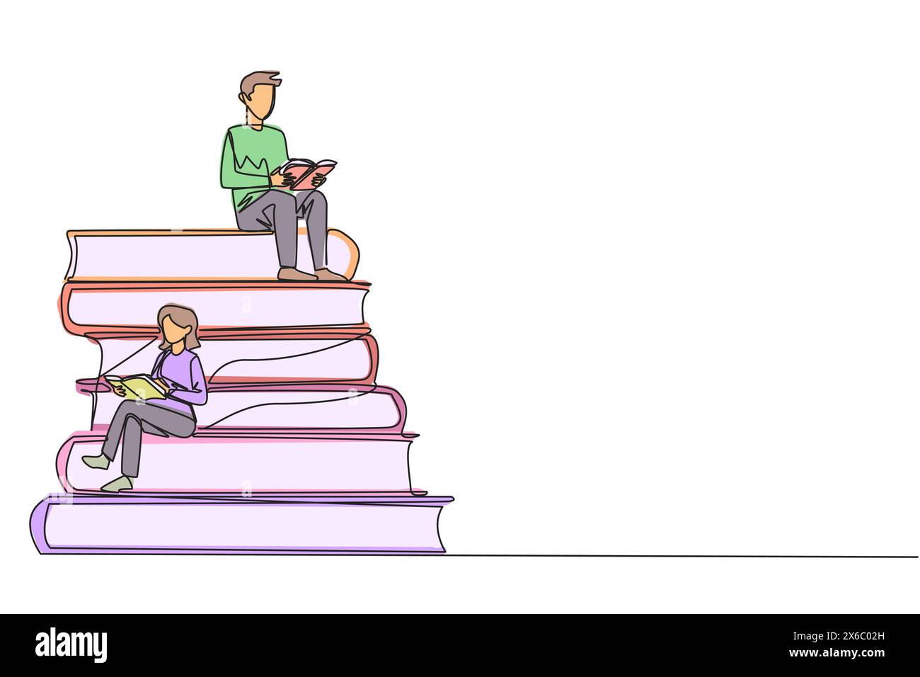 Single one line drawing man woman sitting on a pile of books reading a ...