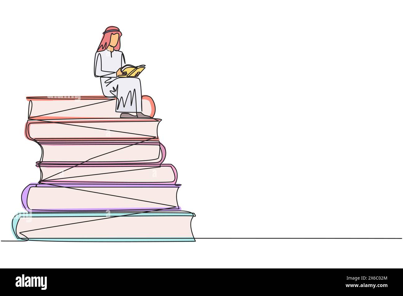 Continuous one line drawing Arabian man sitting on pile of books ...