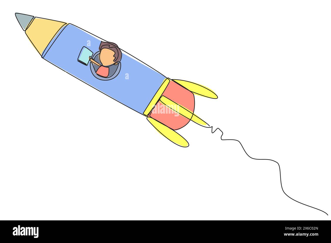 Continuous one line drawing boy flying on a rocket reading a book ...