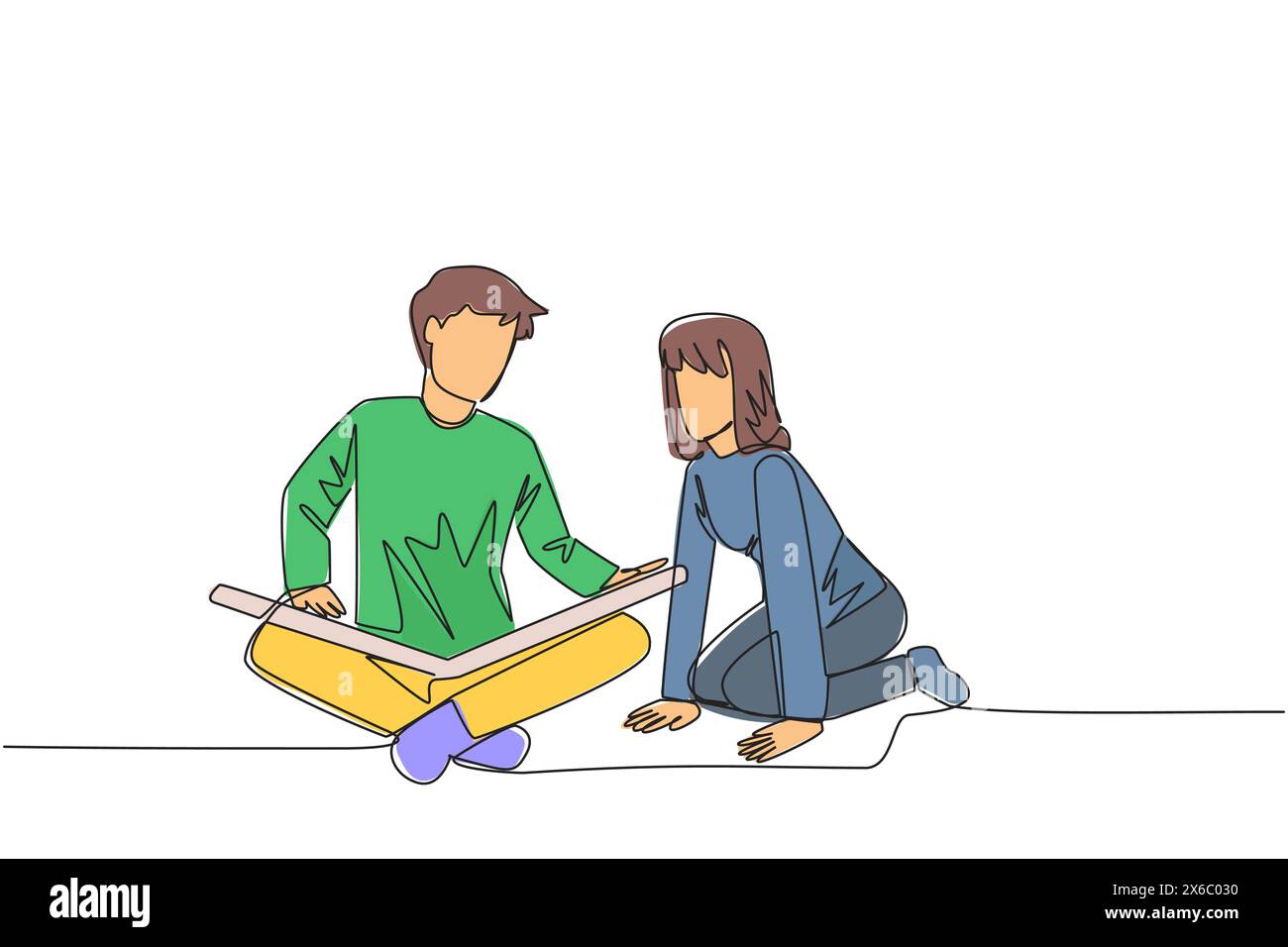 Continuous one line drawing man woman sit down and put reading book on ...