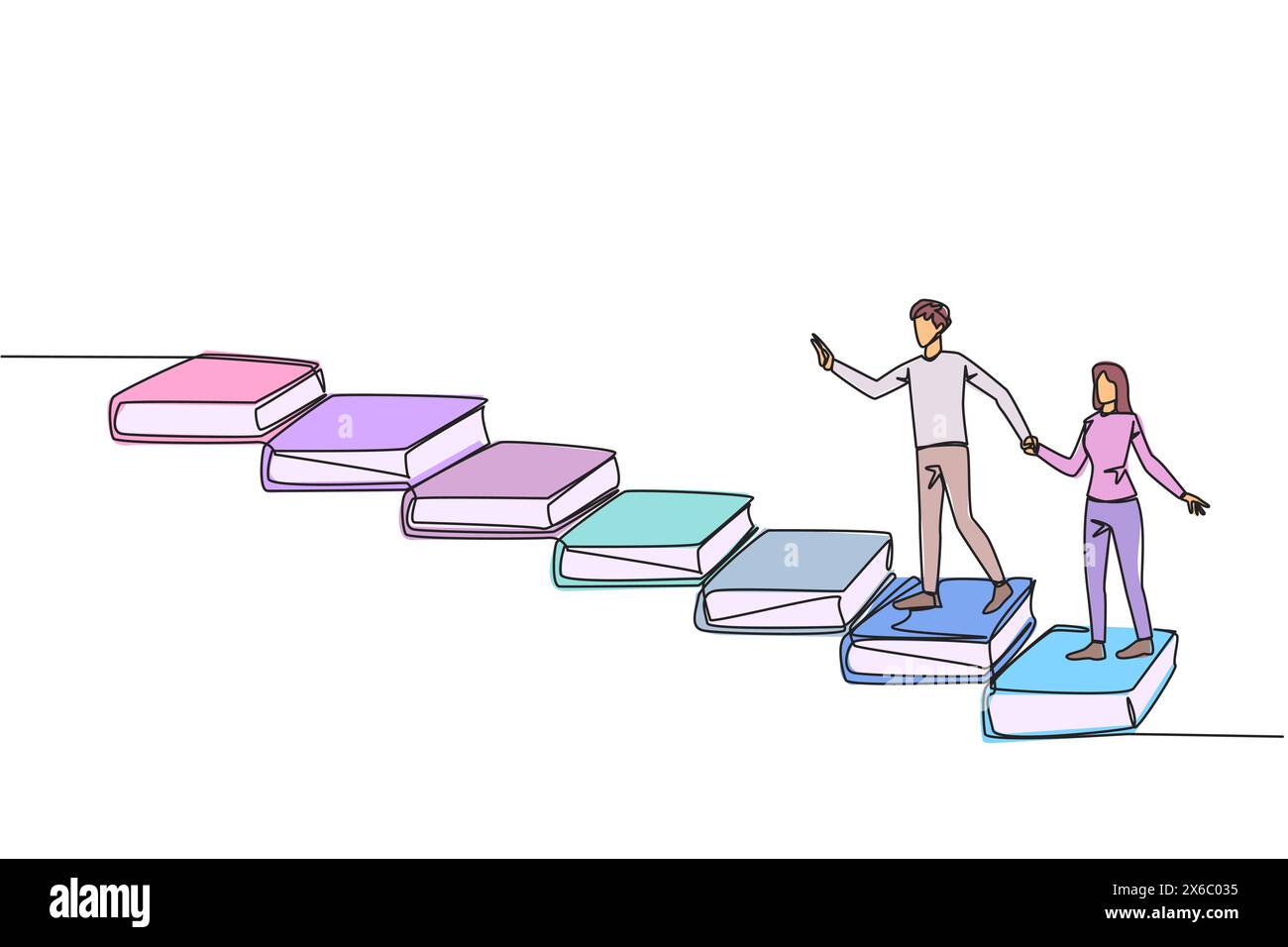 Continuous one line drawing man woman climb stairs from books. Reading ...