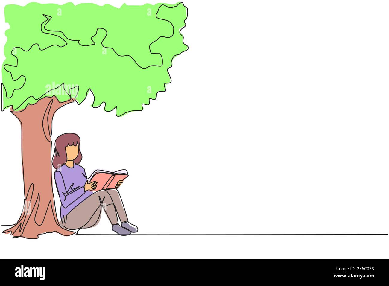 Single one line drawing woman sitting reading a book under shady tree ...