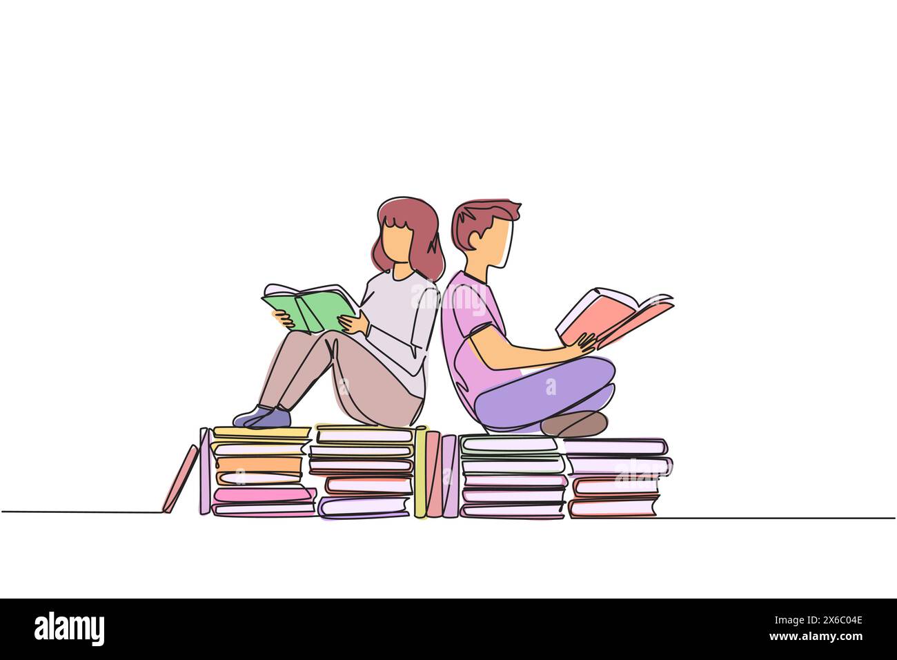 Continuous one line drawing man woman sitting relax reading book on ...