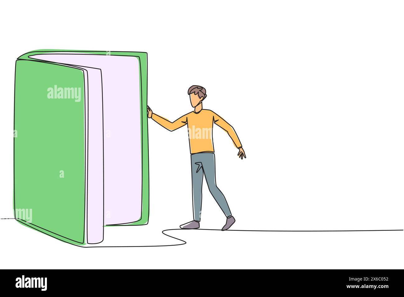 Continuous one line drawing man open the book-shaped door. Books can ...
