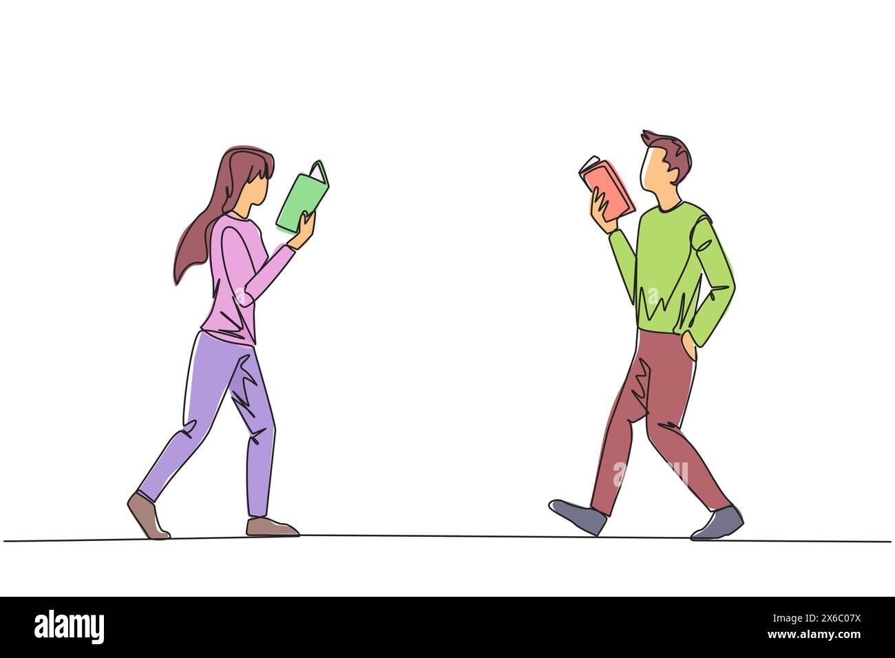 Single continuous line drawing man and woman walking face to face ...