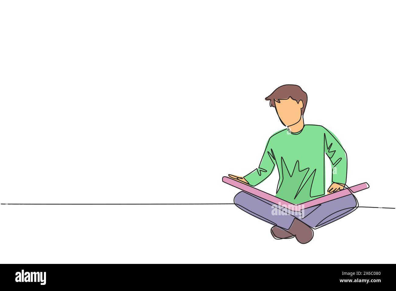 Continuous one line drawing man sit down and put reading book on feet ...