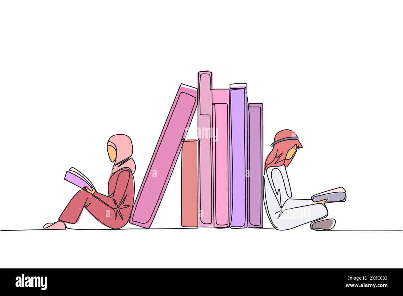 Continuous one line drawing Arab man woman reading sitting leaning ...