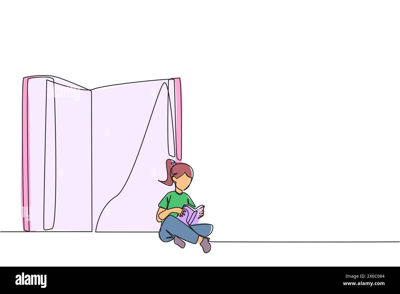 Continuous one line drawing woman sitting in front of a big open book ...