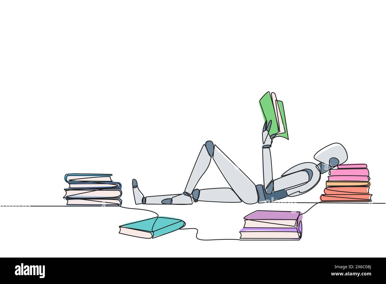 Single one line drawing smart robot lying down reading a book. Lots of ...
